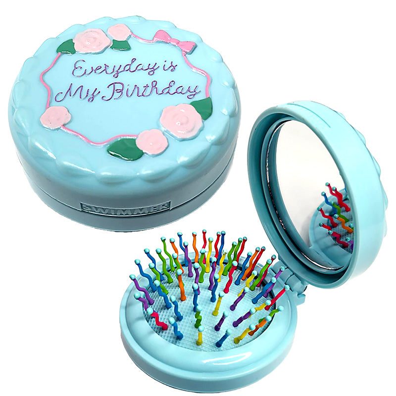 Blue Cake Compact Mirror With Pop Out Brush